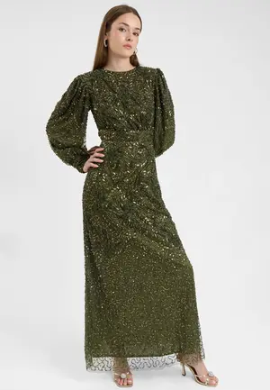 MARYISA Embellished Sequin Beaded Maxi Dress With Cuffs - Olive