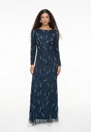 MARYISA Embellished Sequin Beaded Maxi Dress - Navy