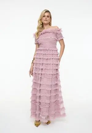 BEAUUT Off-shoulder Ruffle Mesh Maxi Dress