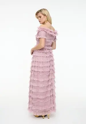 BEAUUT Off-shoulder Ruffle Mesh Maxi Dress