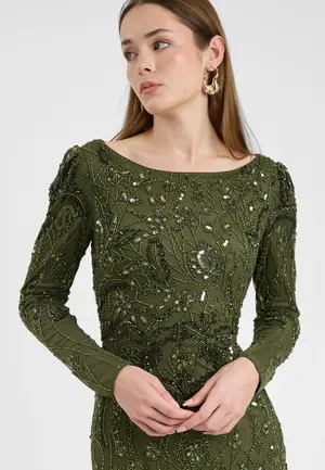 MARYISA Embellished Sequin Beaded Maxi Dress With Wide Neck - Olive