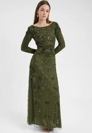 MARYISA Embellished Sequin Beaded Maxi Dress With Wide Neck - Olive