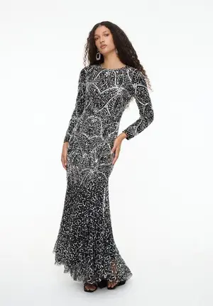 MARYISA Sequin Embellished Maxi Dress With Fitted Bodice - Black