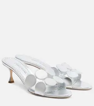 Manolo Blahnik Haribalmu 50 Metallic Leather Mules - Silver