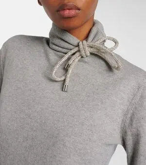 AREA Embellished Cotton And Cashmere Turtleneck Sweater - Grey