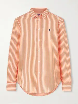 Polo Ralph Lauren Embroidered Striped Cotton And Linen-blend Shirt