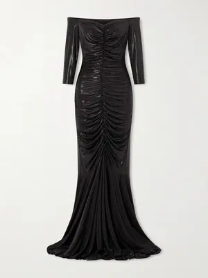 Norma Kamali Off-shoulder Ruched Stretch-lamé Gown