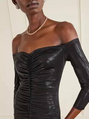Norma Kamali Off-shoulder Ruched Stretch-lamé Gown
