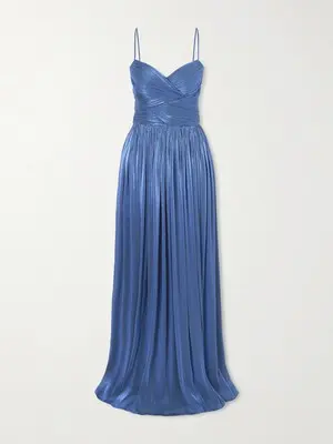 Costarellos Sereen Draped Pleated Metallic Gown