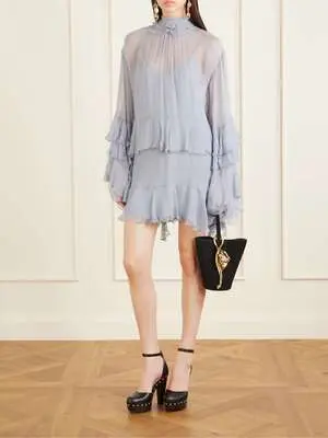 Chloé Ruffled Crepon Mini Dress - Light Blue
