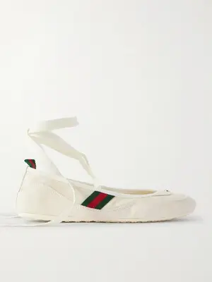 Gucci Webbing-trimmed Canvas-jacquard Ballet Flats - Off-white