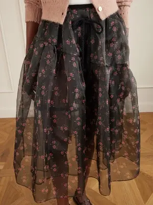 Simone Rocha Tiered Floral-print Organza Midi Skirt - Black