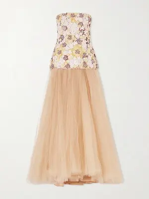 Costarellos Crystal-embellished Embroidered Tulle Gown - Pink
