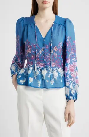 TAHARI ASL Printed Tie-neck Ruffle Hem Top - Blue Pink White