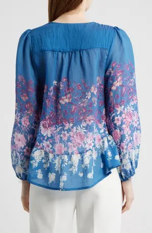TAHARI ASL Printed Tie-neck Ruffle Hem Top