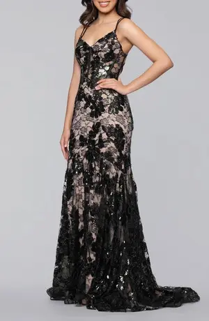 BLONDIE NITES Sequin Strappy Lace Trumpet Gown - Black/nude
