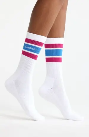 SPORTY & RICH Serif Logo Stripe Crew Socks - White/berry/azure