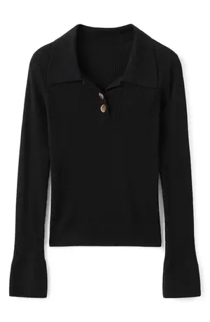 Mango Rib Fluted Long Sleeve Polo Sweater