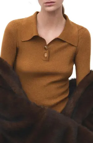 Mango Rib Fluted Long Sleeve Polo Sweater - Tobacco Brown