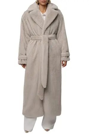 JLUXLABEL Uptown Belted Faux Fur Longline Coat - Gray