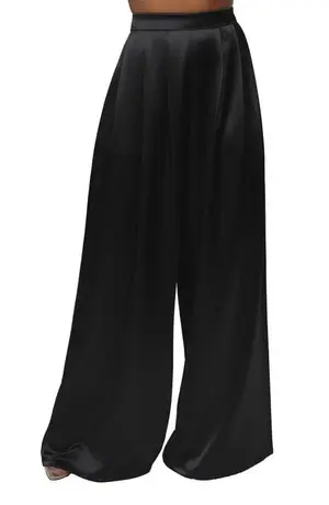 JLUXLABEL Pleated Wide-leg Satin Trousers - Black