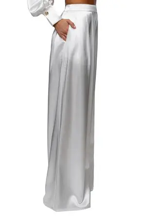 JLUXLABEL Pleated Wide-leg Satin Trousers - White