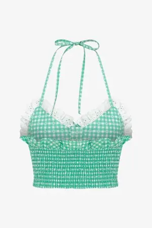 JE TE VEUX Gingham Crop Bustier Top With Lace Trim - Green