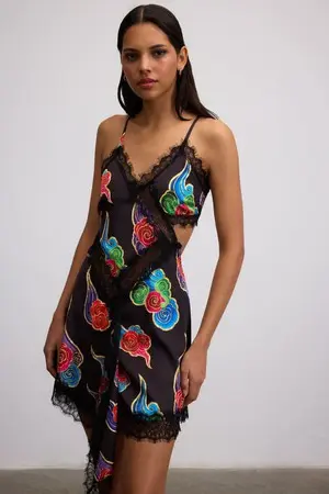 JE TE VEUX Sora Cloud Print Mini Dress With Lace Trim