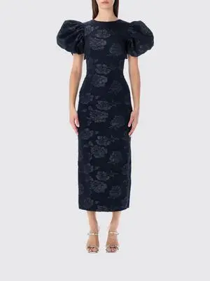 ROTATE BY BIRGER CHRISTENSEN Jacquard Puff Sleeve Midi Dress - Blue