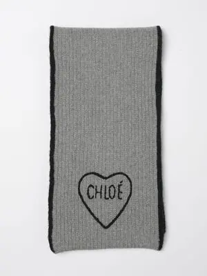 Chloé Wool Blend Scarf With Contrasting Logo And Trim - Grey