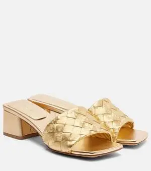 Bottega Veneta Parco Intrecciato Metallic Leather Mules - Gold