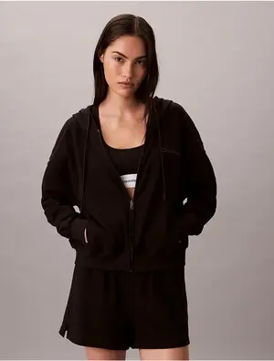 Calvin Klein Logo Cotton Jersey Full Zip Hoodie - Black
