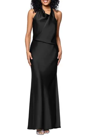 Betsy & Adam Drape Satin Halterneck Gown - Black
