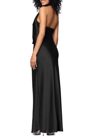 Betsy & Adam Drape Satin Halterneck Gown - Black