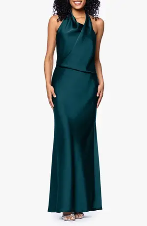 Betsy & Adam Drape Satin Halterneck Gown - Pine