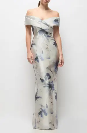 Alfred Sung Constance Off-the-shoulder Column Gown - Ink Wash Blue Floral