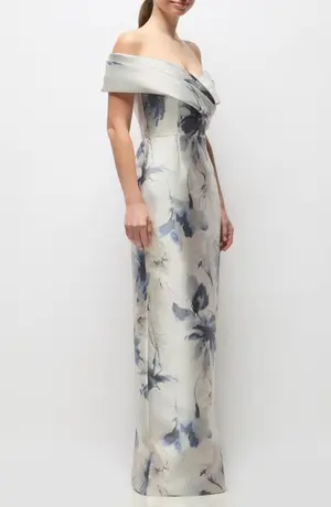 Alfred Sung Constance Off-the-shoulder Column Gown - Ink Wash Blue Floral
