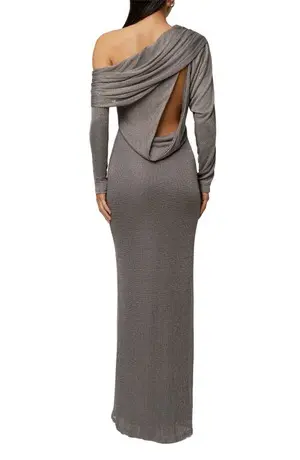 JLUXLABEL Drape & Shine Metallic One-shoulder Long Sleeve Knit Dress - Silver