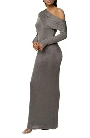 JLUXLABEL Drape & Shine Metallic One-shoulder Long Sleeve Knit Dress - Silver