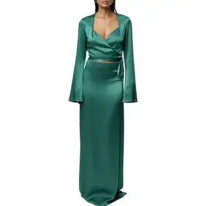 JLUXLABEL Satin Long Sleeve Top And Maxi Skirt Set - Green