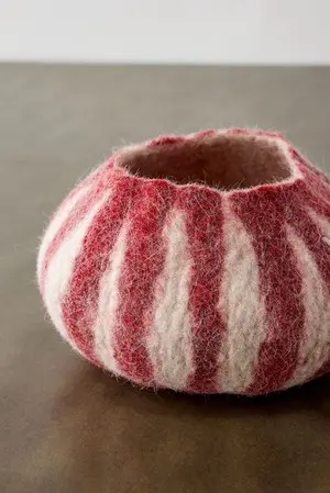 KANJU INTERIORS Red Karakul Striped Wool Ukhamba Decorative Bowlsingle - Berry