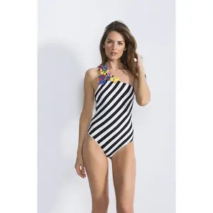 NESSI BYRD 3d Butterfly Appliqué One-shoulder Striped One-piece Swimsuit - Black-white