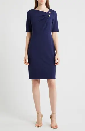 Anne Klein Bar Pin Asymmetric Sheath Dress - Deep Navy