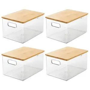 MDESIGN Plastic Kitchen Storage Boxlid, Handles, 4 Pack - Clear