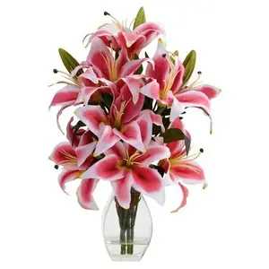 NEARLY NATURAL Rubrum Lily With Decorative Vase - Pink/white/green
