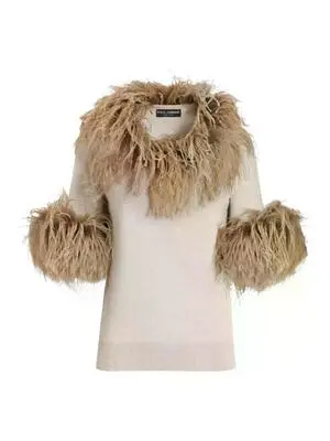 Dolce & Gabbana Feather-trim Cashmere Top - Neutrals