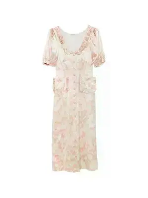 Alessandra Rich Floral Print Silk Satin Midi Dress With Puff Sleeves - Neutrals