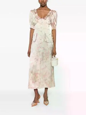 Alessandra Rich Floral Print Silk Satin Midi Dress With Puff Sleeves - Neutrals