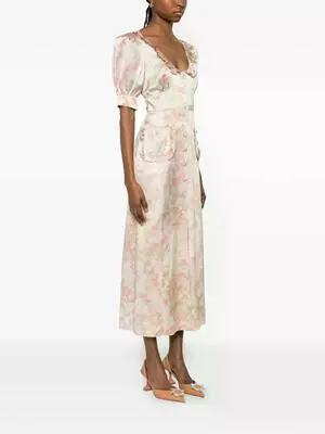 Alessandra Rich Floral Print Silk Satin Midi Dress With Puff Sleeves - Neutrals