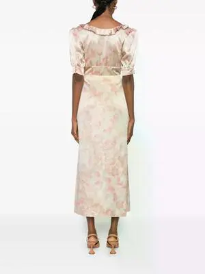 Alessandra Rich Floral Print Silk Satin Midi Dress With Puff Sleeves - Neutrals